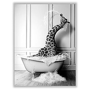 Funny Bathroom Decor Giraffe Animals Bathtub Poster–Unframed (12 x 16 Inch)– Bathroom Wall Decor, Black and White Bathroom Decor, Giraffe Wall Art Photo Pics Poster Funny Bathroom Modern Cute Chic Cool Unique Bathroom Sign