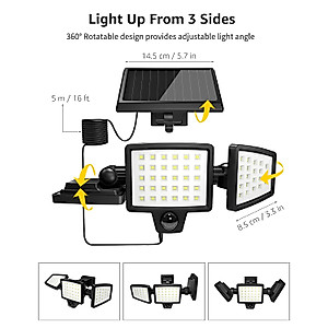 Solar Lights for Outside, WL5000 Motion Activated Security Lights, Separate Solar Panel, 3 Adjustable Head 270° Wide Lighting Angle, IP65 Waterproof Wall Lamp for Porch Yard Garage, 2 Packs