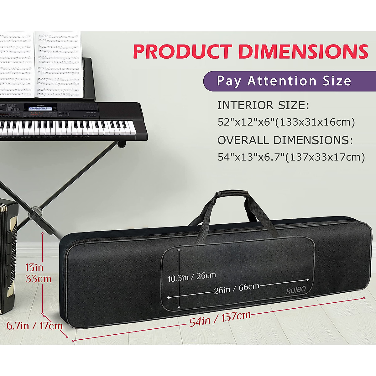 Ruibo 88 Key Keyboard Gig Bag Case for Electric Piano with 10MM Cotton Padded, Waterproof 600D Oxford Gig Bag 54"x13"x6.7" / Black