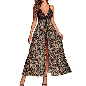 Avidlove Womens Long Nightgown Halloween Lingerie Set Plus Size Lingerie Lace Sleepwer Leopard