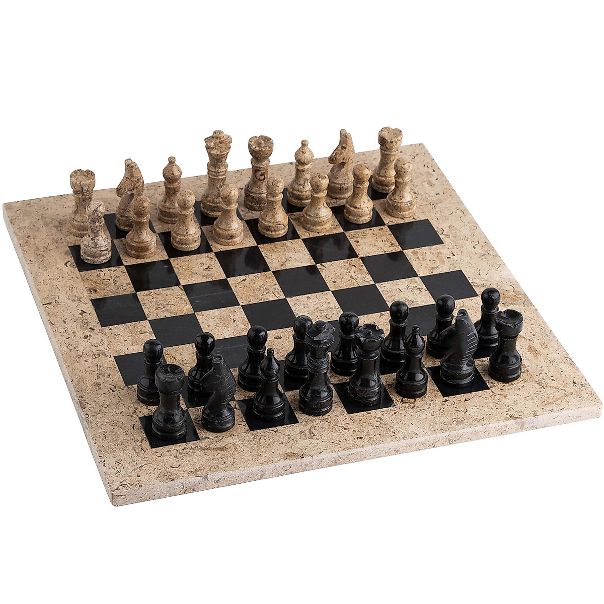 Handmade Marble Chess Set -15x15 Inches- Full Handcrafted Chess Board and Pieces -Fossil Black