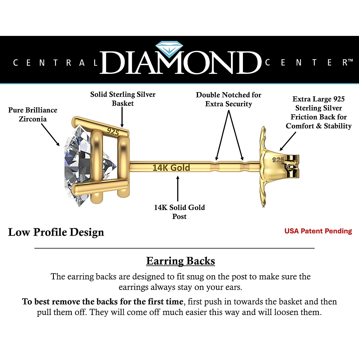 Central Diamond Center 14K Gold Post & Sterling Silver Zirconia 3 Prong Martini Stud Earrings- Yellow Gold Plated 6.50mm 2.00ctw