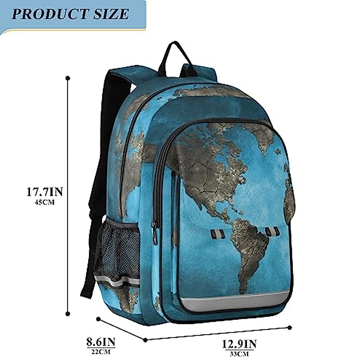 ZENWAWA Realistic World Map Kids School Backpack for Girls Boys, Travel Backpacks with Reflective Strips Multiple Pockets for School Hiking Summer Camp 17.7 inches
