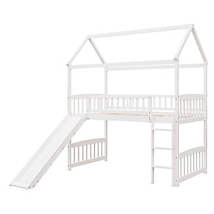 Twin Loft Bed with Slide, Wood House Loft Bed Twin with Slide and Safety Guardrail, Kids Twin Bedframe with Slide, House Loft Bed for Kids Teens Boys Girls, No Box Spring Needed (White, Twin)