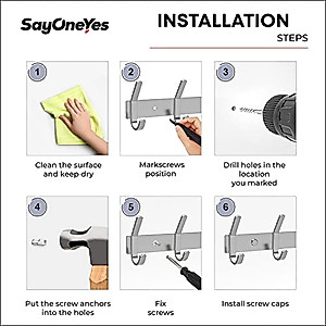 SAYONEYES Coat Rack Wall Mount with 6 Coat Hooks for Hanging - 17 Inch Heavy Duty SUS304 Stainless Steel Brushed Finish Waterproof – Wall Hook Rack for Bathroom Kitchen Entryway (Silver)