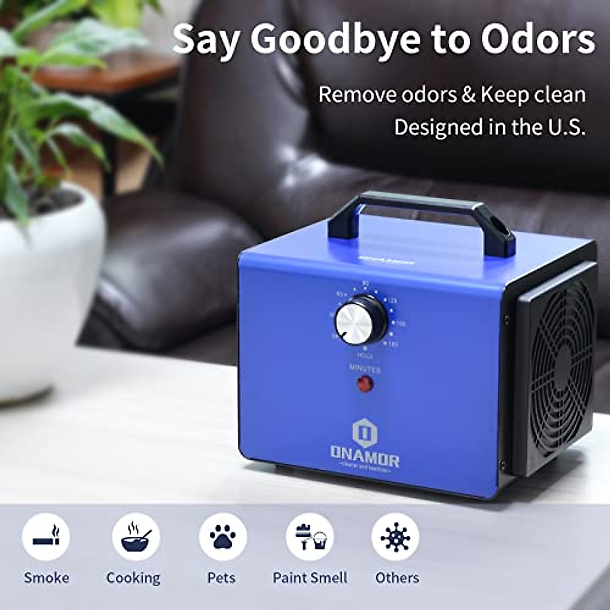 ONAMOR Ozone Generator 20000 mg/h - High Capacity Ozone Machine Eliminating Odors Area up to 4000 Square Feet, Ozone Generators for Home, Basement, Smoke, and Pet Room. (All Metallic Blue)