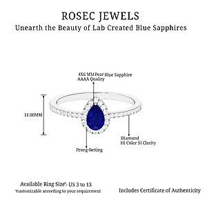 Rosec Jewels Lab Grown Blue Sapphire Diamond Halo Engagement Ring, AAAA Quality, Certified Sapphire Diamond Teardrop Ring- Ready To Gift, 14K White Gold, Size:US 5.00