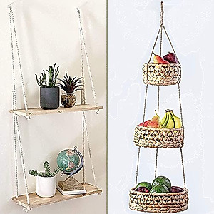 Hanging Shelves for Wall [Set of 2 w/ Hooks] Wooden Shelf, Hanging Fruit Basket Woven 3 Tier for Kitchen, Counter Space Saver Decorative Storage Boho Home Decor Planter Bathroom, Living Room Bedroom