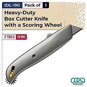 IDL Packaging IDL-190 HD Retractable Box Cutter with Scoring Wheel (Pack of 1) - Heavy-Duty Box Resizer Tool with Push Tab and Lock Function - Handy Score Knife Tool for Cardboard