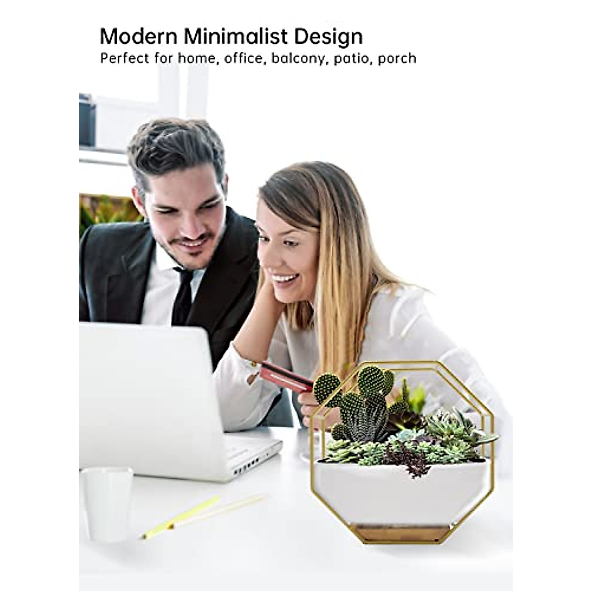 ChiRee Succulent Planters 7×3.5 Inch Decorative Ceramic Flower Plant Pots with Metal Holder Hanging and Place Dual-Purpose Garden Planter Pot with Drainage and Saucer for Indoor Home Office Desktop