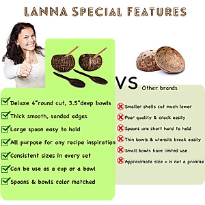 LANNA Natural Polished Coconut Bowls Set of 2 with Hand Carved Wood Spoons & Bamboo Straws - Perfect Eco-Friendly Gifts for Vegan, Buddha Bowls, Acai Smoothie Drinking Cups(Medium)