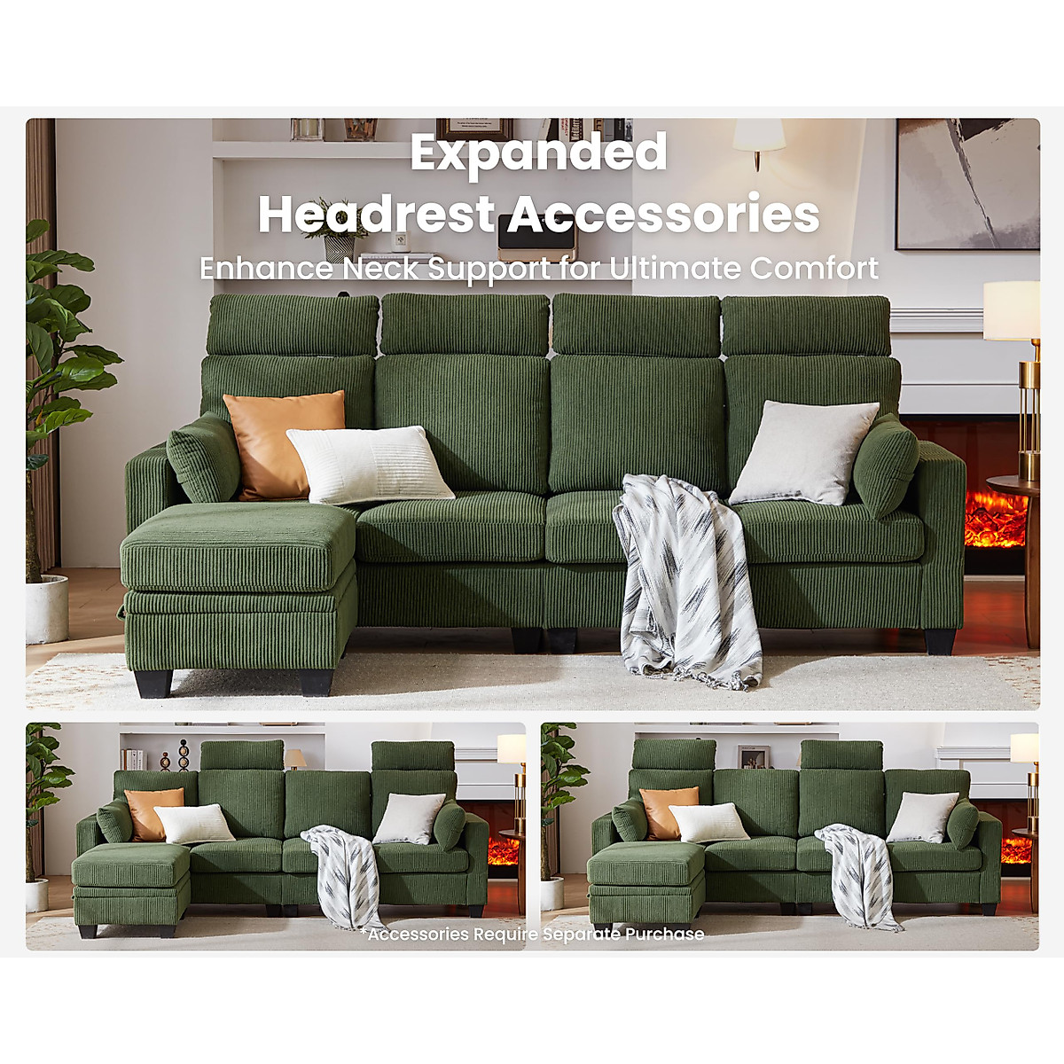 CHIC HOUSE Modular Sectional Sofa Corduroy Couch, Customizable U-Shaped Sofa with Storage Ottoman, Reversible Chaise for Living Room, Oversized L-Shaped Sofa Set (Green, 4 Seater Sectional)