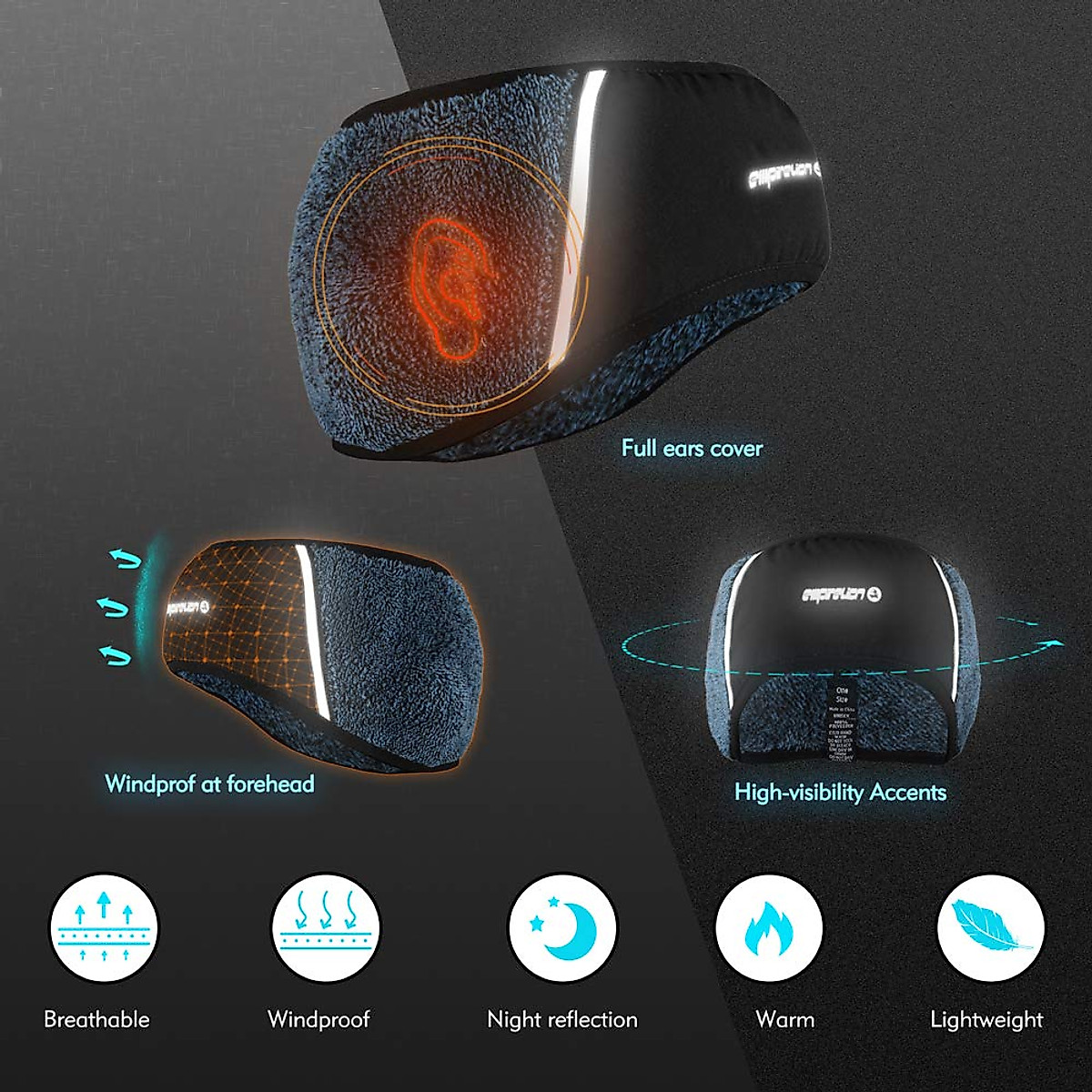 EMPIRELION Original Luxurious Plush Fleece Headband, Soft Running Ear Warmer Forehead Windproof Protection Reflective Gear Charcoal