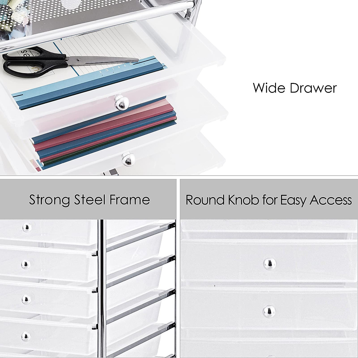 GOFLAME Rolling Drawer Cart with 10 Drawers, Utility Storage Organizer Cart with Wheels and Metal Frame, Art Cart for Office, School, Home, Clear