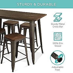 Best Choice Products 5-Piece Dining Set, Counter Height Rustic Industrial Table and 4 Backless Stool for Kitchen, Dining Room, Easy Assembly, 330lb Capacity - Brown