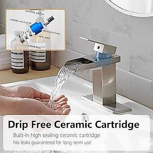 BATHLAVISH Waterfall Bathroom Sink Faucet Brushed Nickel Vanity Single Handle One Hole Basin Modern Lavatory Faucet Commercial Deck Mount