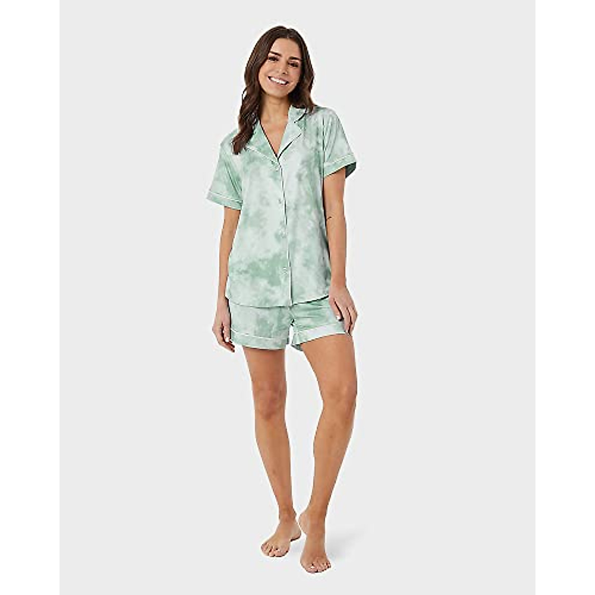 32 DEGREES Women's Cool Button Up 3 Piece Sleep Set |4-Way Stretch | Button up Top | Lounge Capri and Short, Light Mint Hazy Tie Dye, Large