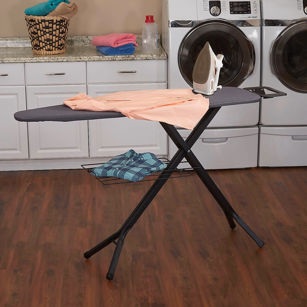 Household Essentials Deluxe Matte Black Ironing Board with Mesh Steel Top, 4 Durable Hex Legs, Heat-Resistant FiberTech Cover and (6 MM) Fiber Pad