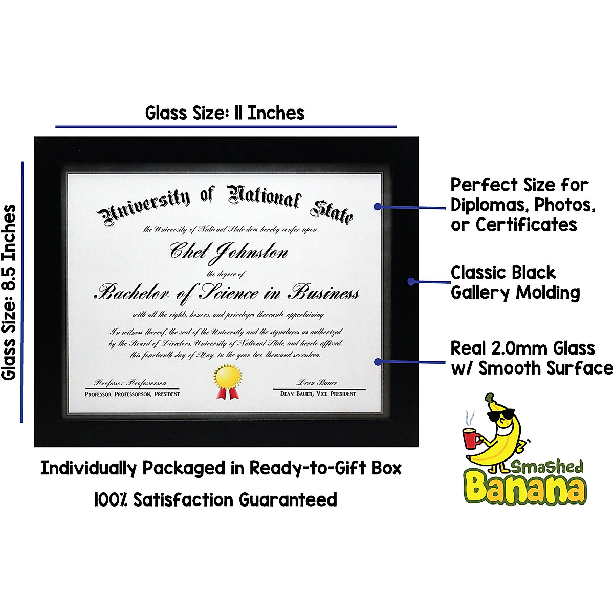 8.5x11 Black Gallery Certificate and Document Frame - Wide Molding - Includes Both Attached Hanging Hardware and Desktop Easel - Award, Certificates, Documents, a Diploma, or a Photo 8.5 x 11
