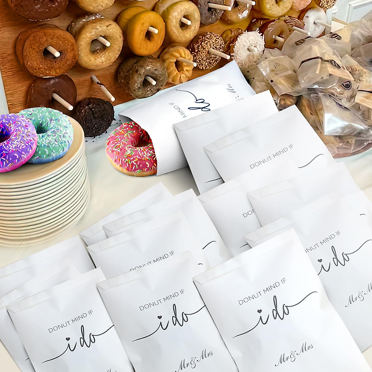 Tyndallrays 48Pcs Donut Mind If I Do Wedding Favor Bags,Donut Favor Goody Snack Treat Grease Resistant Bags for Engagement Wedding Bridal Shower Party Decorations Supplies