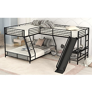 GINGVAT Twin Over Full BunkBed with LoftBed,L-Shaped Triple Bunk Bed with Slide,Built-in Desk for Kids,No Spring Box Required,Black