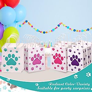 Resurhang 24 Pcs Paw Print Gift Bags with Handle Paper Treat Goodie Dog Gift Bags Dog Birthday Party Favors for Girl Boy Baby Shower, 8.2 x 6 x 3 Inches(Light Pink, Rose Pink, Teal, Purple)