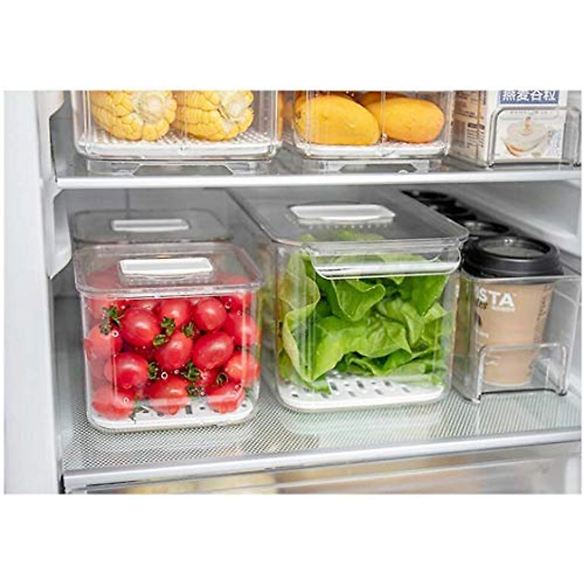 blitzlabs Fridge Food Storage Bin Containers Keeper Produce Saver, Stackable Organizer Bins Baskets with Lids and Removable Drain Tray for Veggie, Berry, Fruits and Vegetables, Set of 3