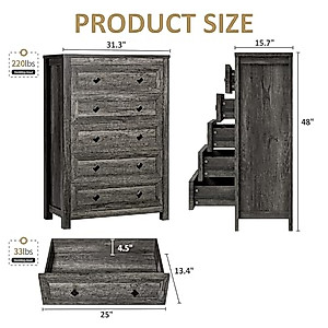 LUXOAK Farmhouse 5 Drawers Dresser, Wood Rustic Chest of Drawers for Bedroom, Tall Dressers Organizer with Metal Handles, 5 Drawers Chest for Living Room, Hallway, Entryway, Grey