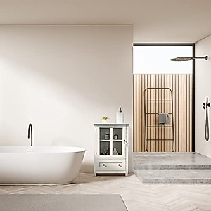 Knocbel Modern Storage Cabinet with Metal Handles, Single Glass Door, Compartments and Drawer, Buffet Sideboard for Kitchen Dining Room Hallway Entryway, 22" L x 14.4" W x 31.7" H (White)