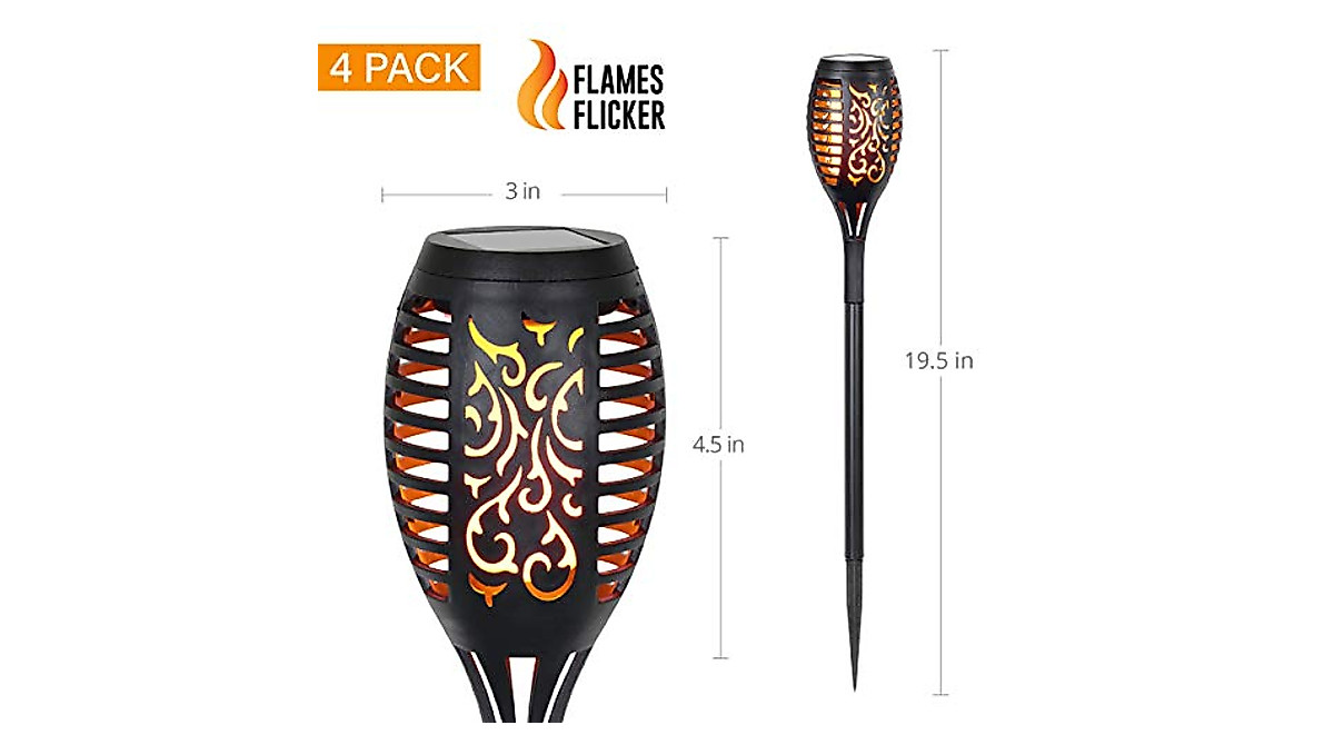 Exhart Solar Garden Lights - Set of 4 Flickering Flame Torches