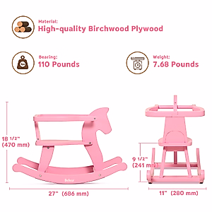 Belleur Wooden Rocking Horse for Toddler 1-3 Year Old, Baby Wood Ride-on Toys with Removable Fence for Indoor & Outdoor Activities, Boys & Girls Rocking Animal for Birthday Pink