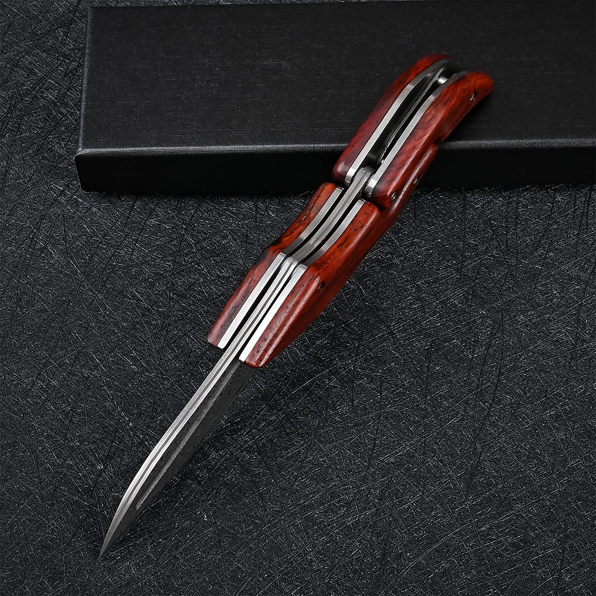 SDOKEDC Damascus Steel Folding Knife Pocket Knife Yellow Sandalwood Handle Mechanical Lock Outdoor Camping Survival (Curved blade)