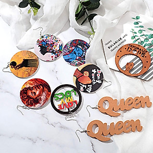 12 Pairs African Map Women Earrings Round Natural Wooden Painted Earrings Ethnic Style Dangle Earring (Letter Queen)