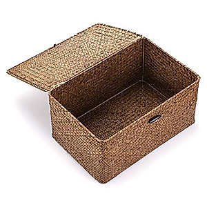 Hipiwe Set of 3 Natural Seagrass Storage Baskets with Lid - Large Handwoven Wicker Storage Bins Rectangular Household Organizer Boxes Shelf Wardrobe Organizer, Coffee