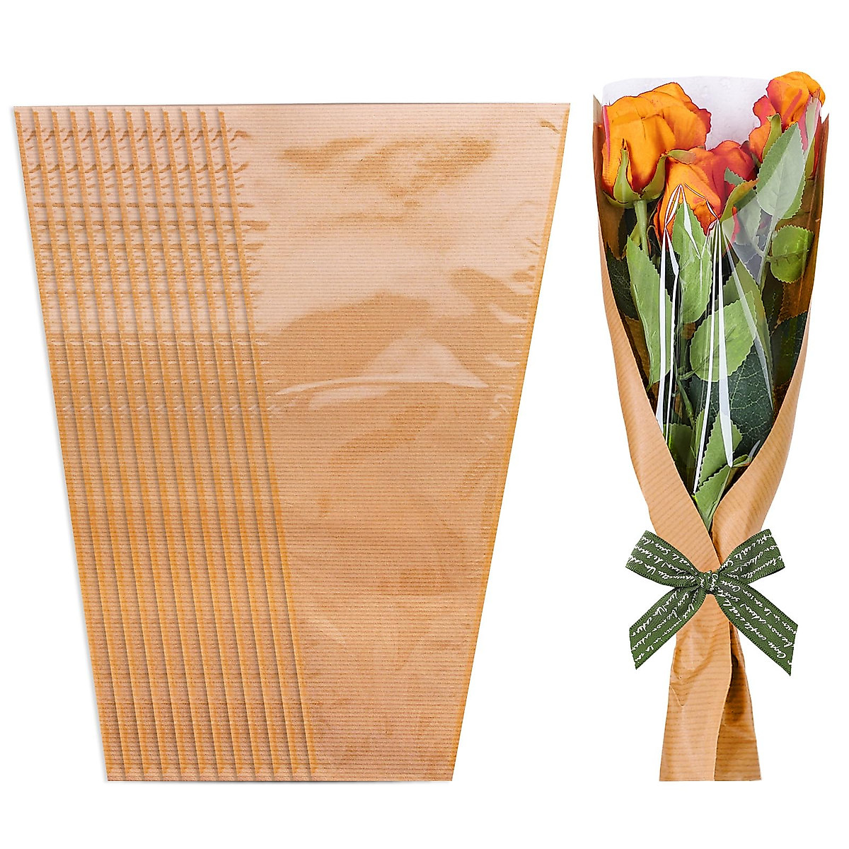 Whaline 50Pcs Flower Wrapping Bags Christmas Kraft Paper Floral Packing Sleeves Bouquet Bags Clear Flower Wrapping Sleeves for Thanksgiving Wedding Birthday Mother's Day Gift, 9.8x3.9x17.9 Inch