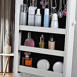 BOSTANA Standing Jewelry Organizer Armoire With 2 Push-Pull Jewelry Cabinet,Anti-trpinig Leaning Full Length Mirror,Body Mirror with 2 Jewelry Drawer For Girls,Women, Bedroom Decoration,Gift