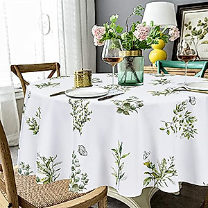 ASPMIZ Green Leaves Tablecloth, Tropical Leaf Plant and Butterfly Table Cloth, Spring Summer Waterproof Wrinkle Free Tablecover for Kitchen, Dining Room, Outdoor, Picnic, Party, Round 60 inch