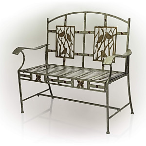 Alpine Corporation 45" x 22" Outdoor 2 Person Metal Garden Bench with Bird Design, White