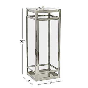 Deco 79 Stainless Steel Pillar Candle Lantern, 11" x 11" x 32", Silver