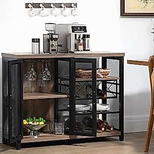KFO Industrial Bar Cabinet for Liquor and Glasses, Farmhouse Metal Wood Coffee Bar Cabinet, Sideboard Buffet Cabinet, Wine Rack Table with Mesh Door for for Home Kitchen Dining Living Room, 40 Inch…