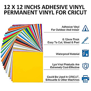 Lya Vinyl 65 Pack Permanent Vinyl, Self Adhesive Vinyl Sheets for Cricut, Permanent Outdoor Vinyl for Party Decoration, Sticker, DIY Mug, Car Decal