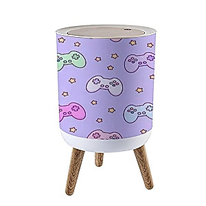 Round Trash Can with Press Lid Game cute backdrop with colorful Joystick and stars Kawaii seamless Small Garbage Can Trash Bin Dog-proof Trash Can Wooden Legs Waste Bin Wastebasket 7L/1.8 Gallon