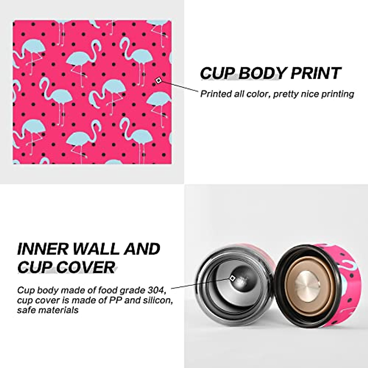 CaTaKu Black Dots Flamingo Water Bottle Insulated 16 oz Stainless Steel Flask Thermos Bottle for Coffee Water Drink Reusable Wide Mouth Vacuum Travel Mug