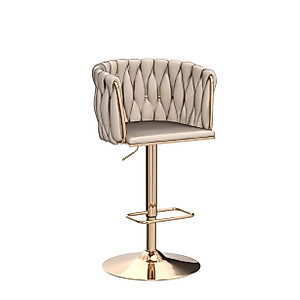 Kiztir 360° Velvet Swivel Bar Stools Set of 4, Adjustable Counter Height Bar Chairs with Woven Back & Footrest, Luxury Gold Bar Stools for Kitchen Island, Cafe, Pub (Ivory)