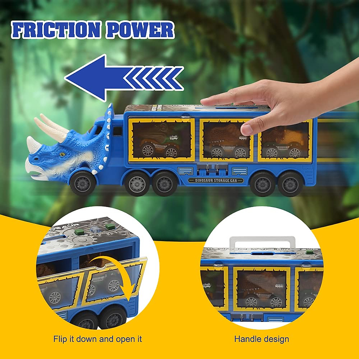 Dinosaur Toys for Kids 3-7,Toddler Dinosaur Toy with Music, Roaring Sound and Flashing Light, 14 in 1 Dinosaur Car Toy Truck with 3 Dino Cars, 3 Dino Figures, 2 Rocks, 2 Trees, 1 Ladder and 1 Door