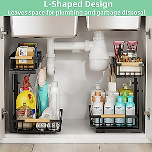 2 Pack Under Sink Organizer, Height Adjustable Pull out Cabinet Organizer, 2 Tier Metal Under Sink Organizer Storage, Sliding Storage Drawer for Kitchen Bathroom Laundry Room Pantry.