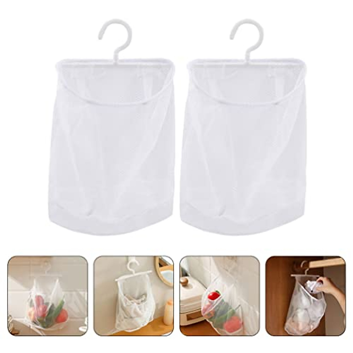 Homoyoyo 2Pcs Hanging Mesh Bags with Hook Kitchen Mesh Clothespin Bags Mesh Laundry Net for Potatoes Fruits Clothes (White)