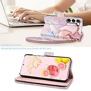 Fingic Galaxy S23 Wallet Case, 9 Card Holder, Rose Gold Marble PU Leather with Detachable Wrist Strap for Women & Girls (6.1 inch)