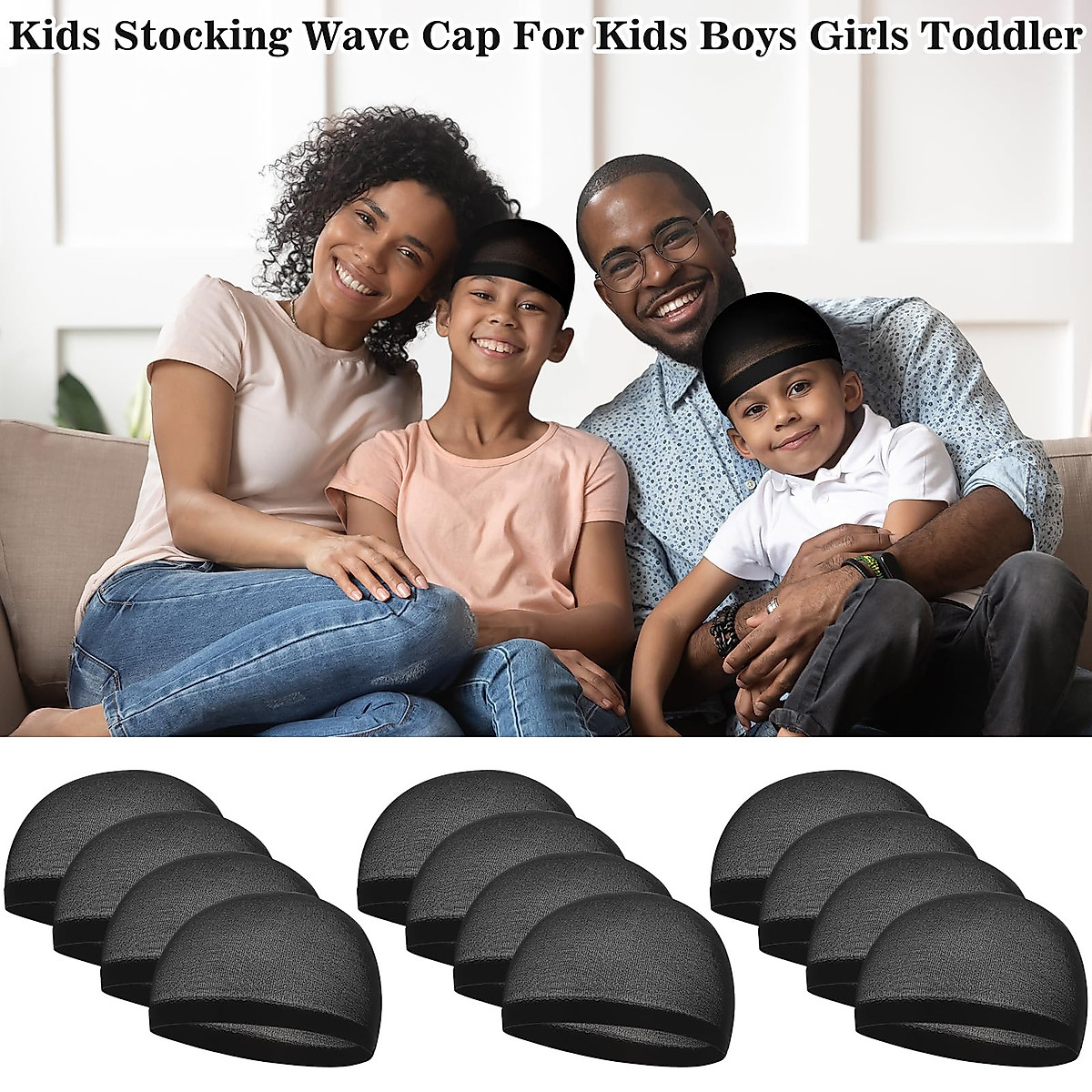 Toulite 12 Pcs Kids Stocking Wave Cap Stretchy Skull Cap Kids Wig Hats Baby Beanie Stretchy Stocking Hats(Black)