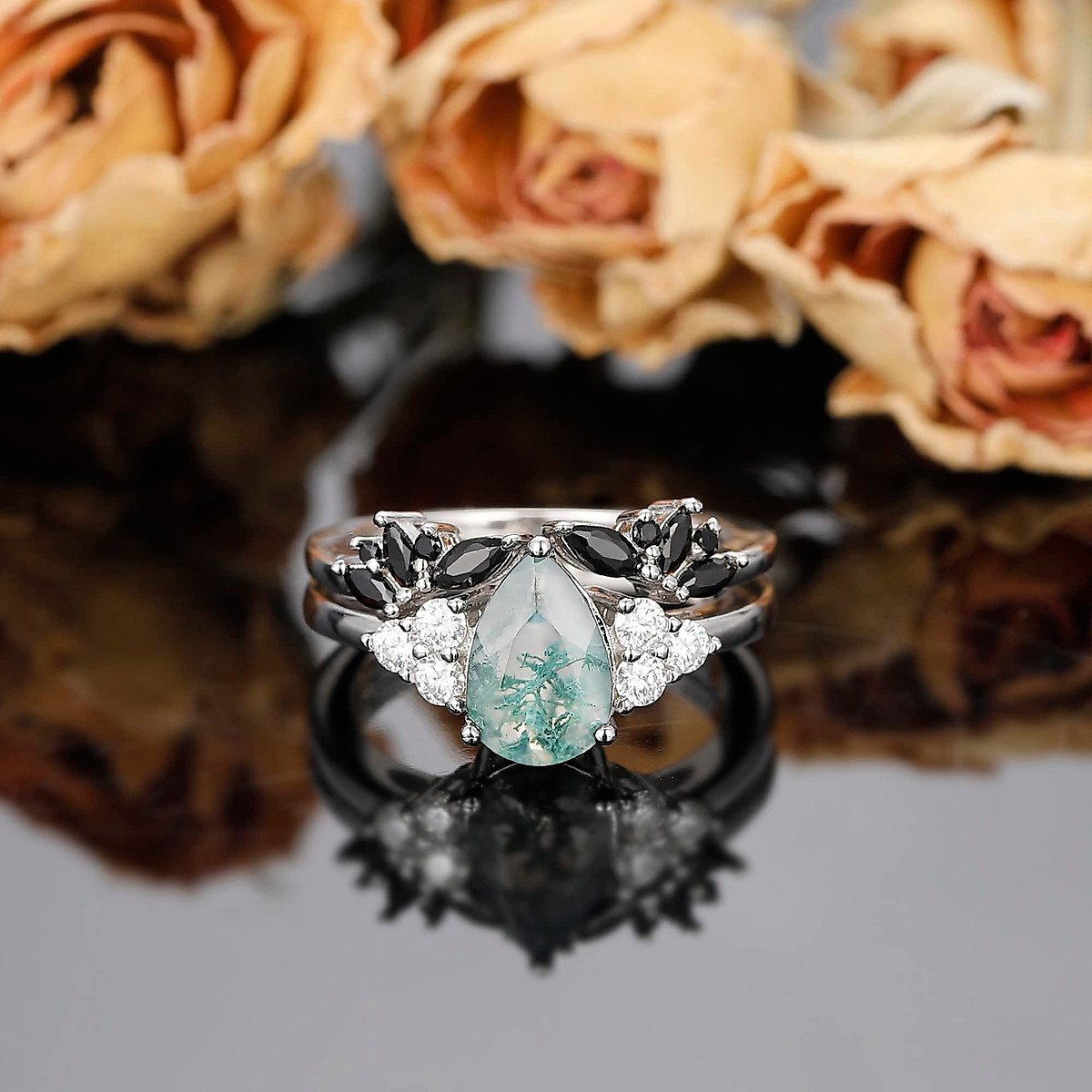 IRROYA 6x9mm Natural Pear Cut Moss Agate Bridal Ring Set,Cluster Genuine Moissanite Engagement Ring,V Shaped Open Ring Band, Sterling Silver Platinum, moss agate